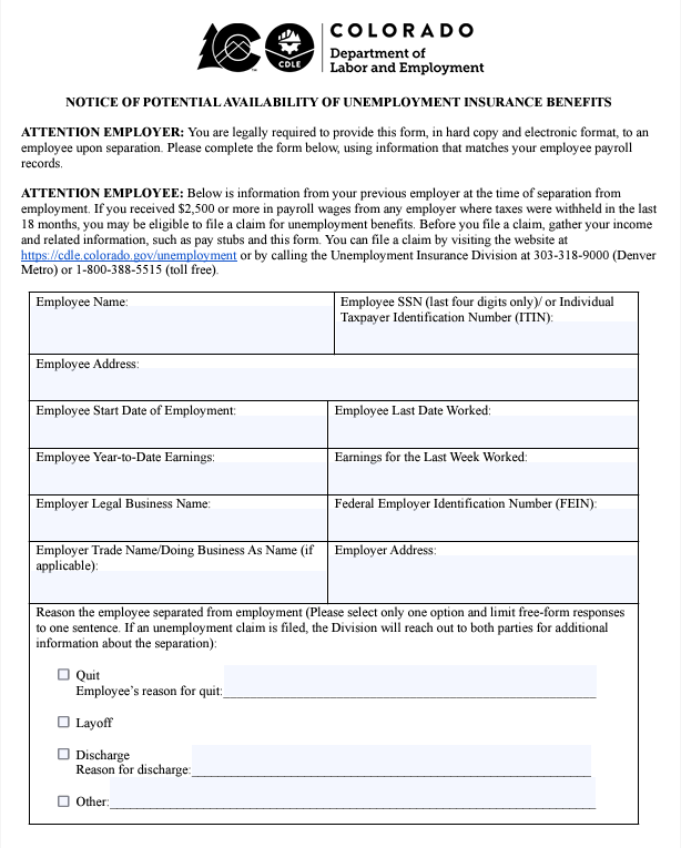 Colorado: Notice of Potential Availability of Unemployment Insurance ...
